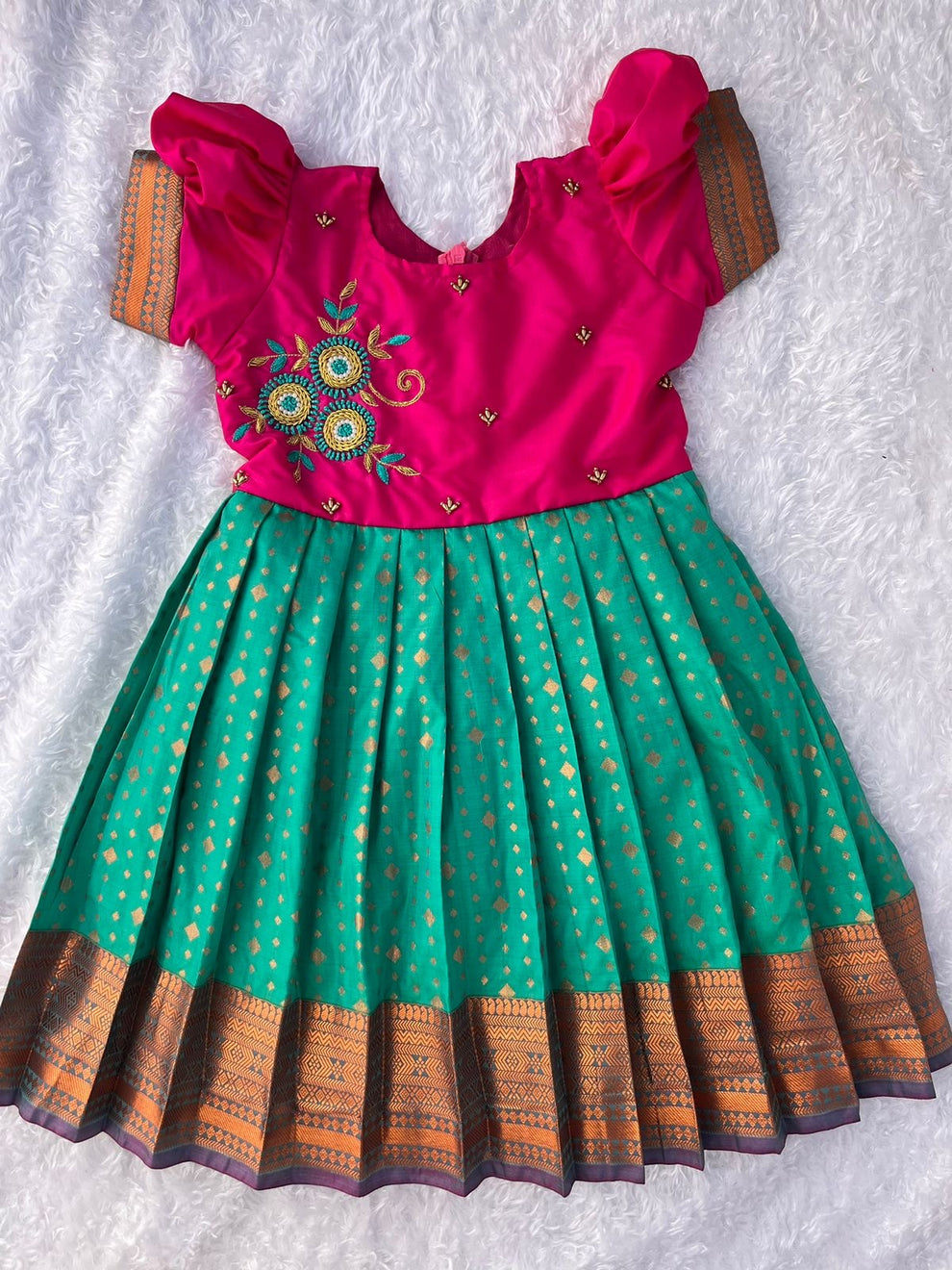 Elegant Turquoise Pleated Frock for Children – Kalas Couture India
