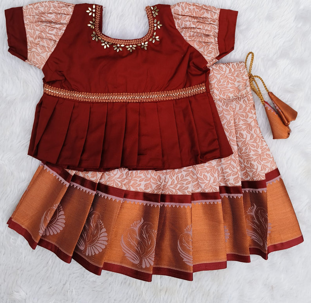 Brownish Maroon Semi-Silk Pattu Pavadai – Kalas Couture India